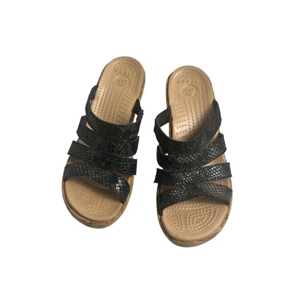 CROCS | Shoes | Crocs Aleigh Black Snake Print Strappy Cork Wedge ...
